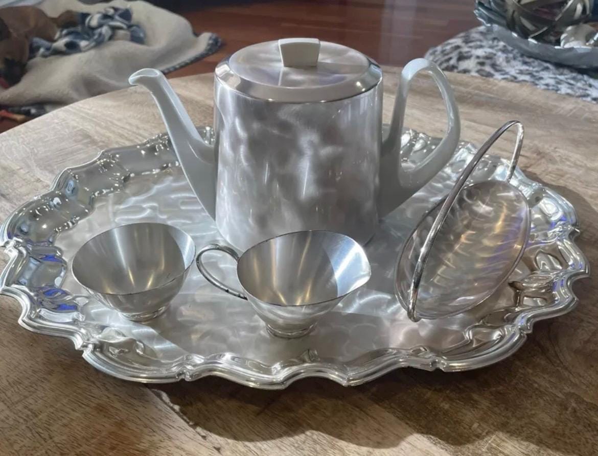 Vintage WMF IKORA Metal Set Teapot, Creamer, Sugar, Tray & Cookie Tray ...