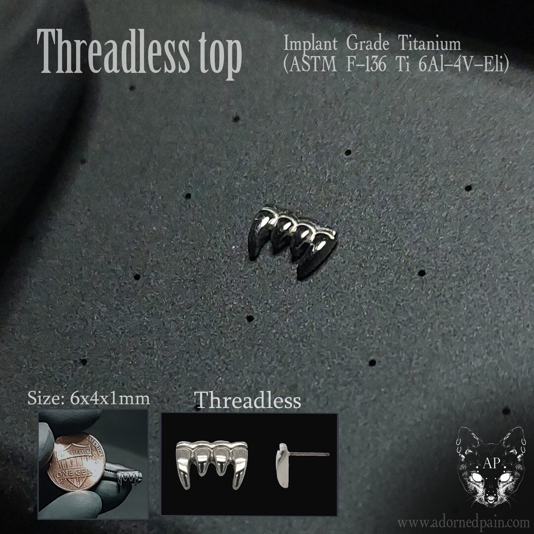 Vampire Fangs Titanium Threadless Push Pin Top: Single Top That Fits Any Standard Threadless ...