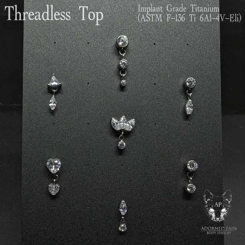 Dangle Titanium Push Pin Top: Cubic Zirconia Threadless Cartilage ...