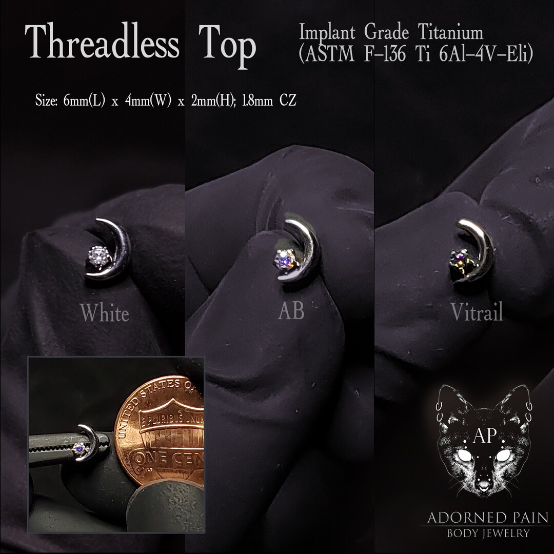 Titanium Moon W/ Star CZ Push Pin Threadless End (JUST TOP! Works With ...