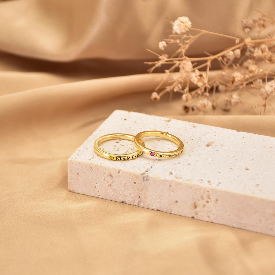 Custom Name Ring,stacking Name Ring With Birthstone,custom Engraved Name Ring,tiny 2mm Stacking ...