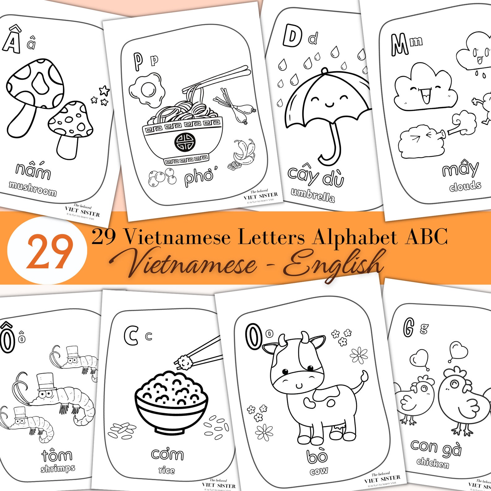 Vietnamese Alphabet Coloring Pages for Kids, Teaching Vietnamese Gift ...