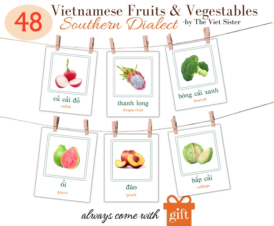 Southern Vietnamese Dialect 48fruits and Vegetable Flash Cards for ...