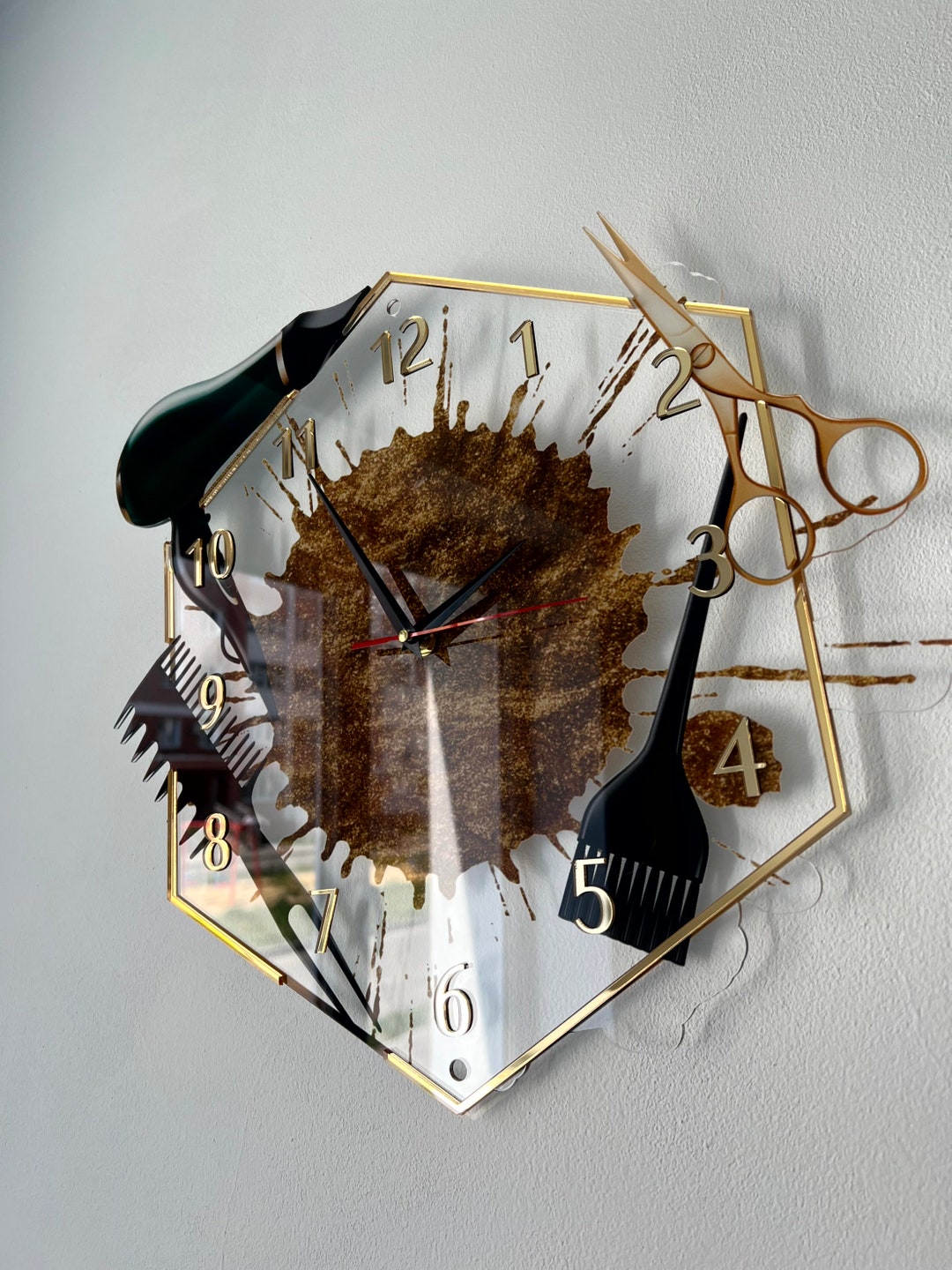 Beauty Salon Wall Clock With Hairdresser Tools, Unique Hexagon Design ...