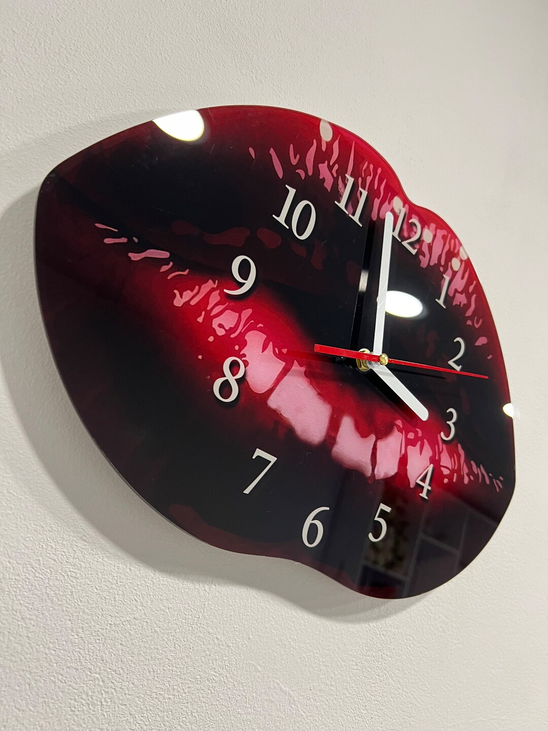 Dark Red Silent Numbers Wall Clock, Maroon Wall Hanging, Kiss Lips Wall ...