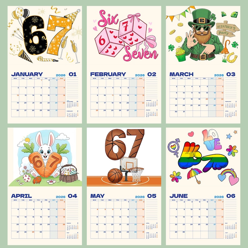 Six Seven 2026 Kids Wall Calendar, Cute Holiday Cartoon Calendar, Fun ...