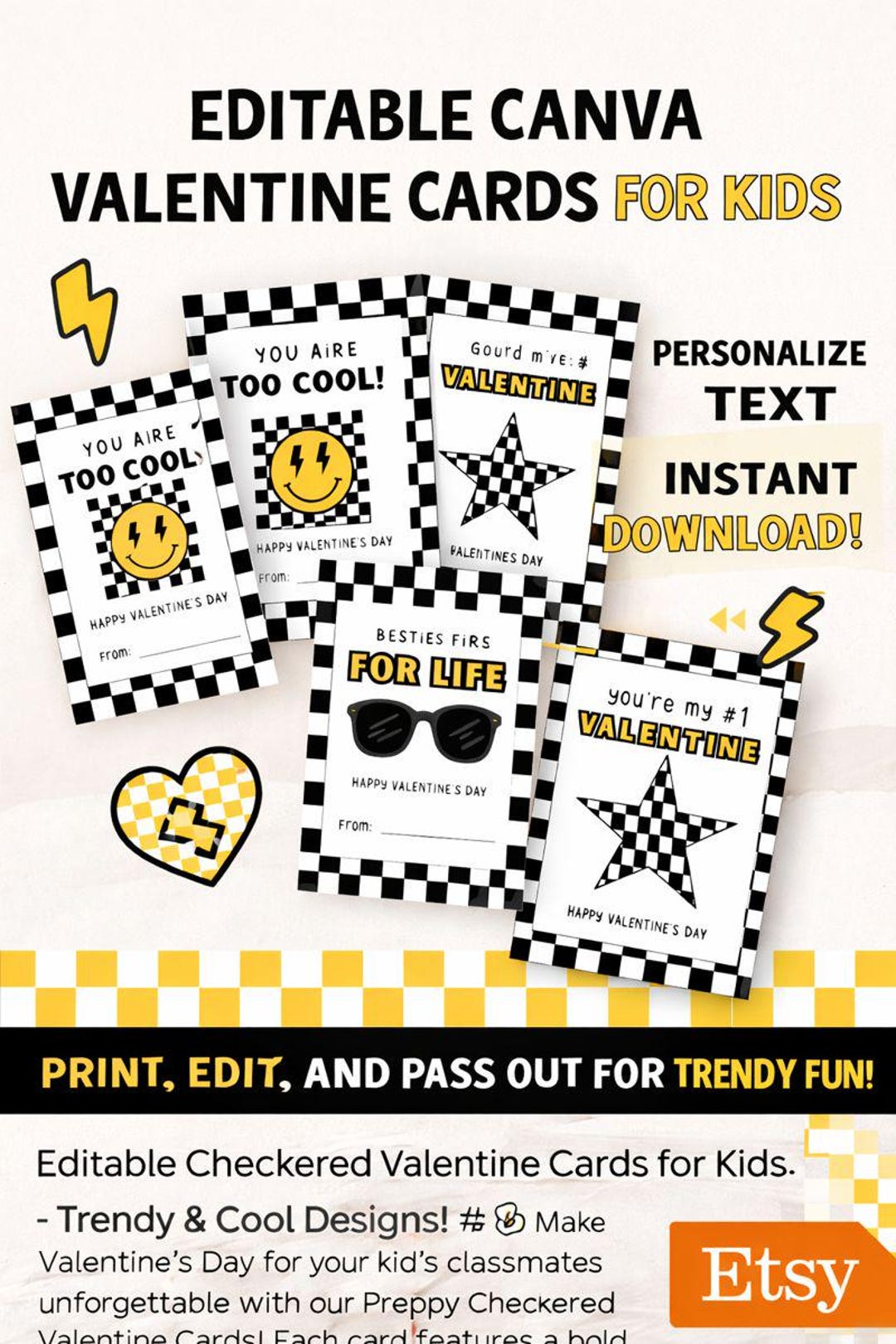 Editable Preppy Valentine Cards for Kids | Smiley Face, Checkered ...