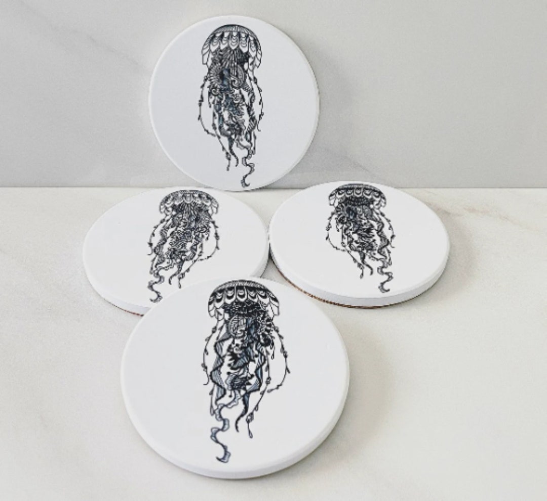 Set of 4 Ceramic Coasters Line Art Jellyfish - Etsy