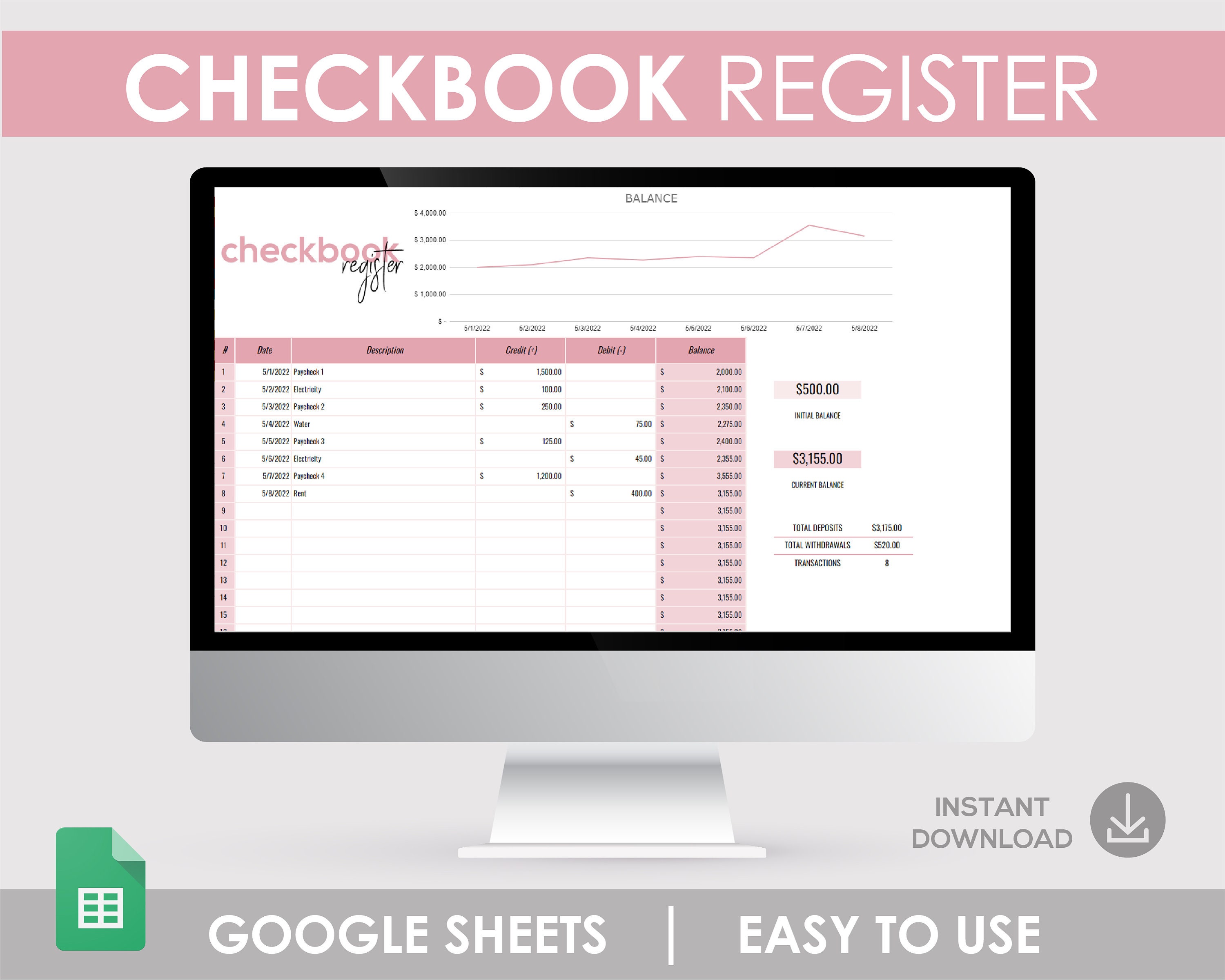 Checkbook Register Expense Tracker Planner Spreadsheet Google Sheets ...