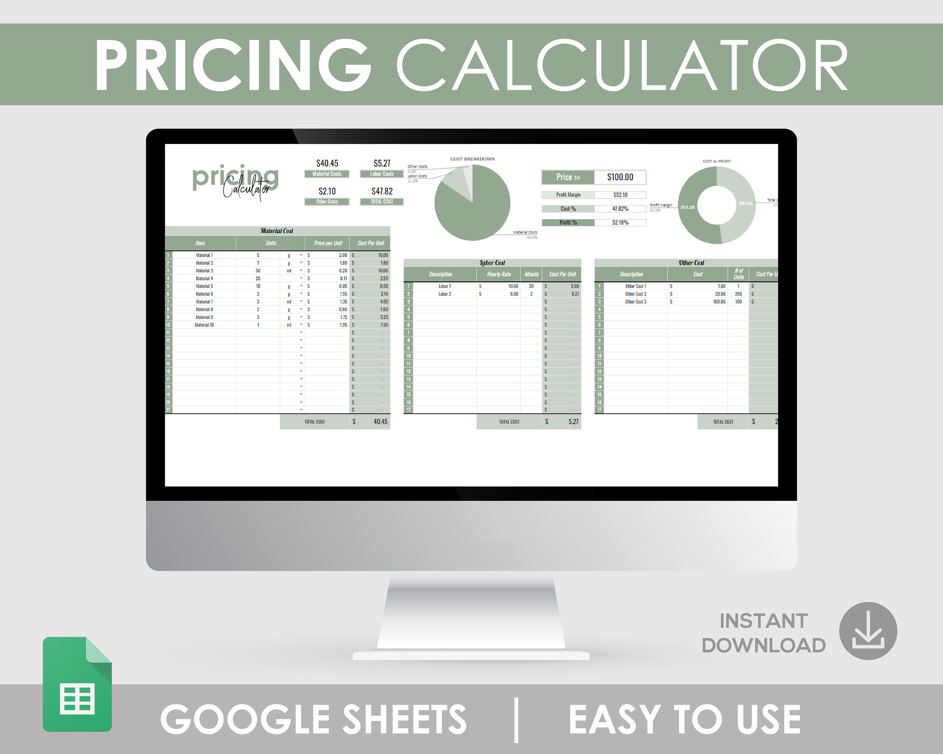 Product Pricing, Pricing Worksheet, Profit Calculator, Google Sheets ...