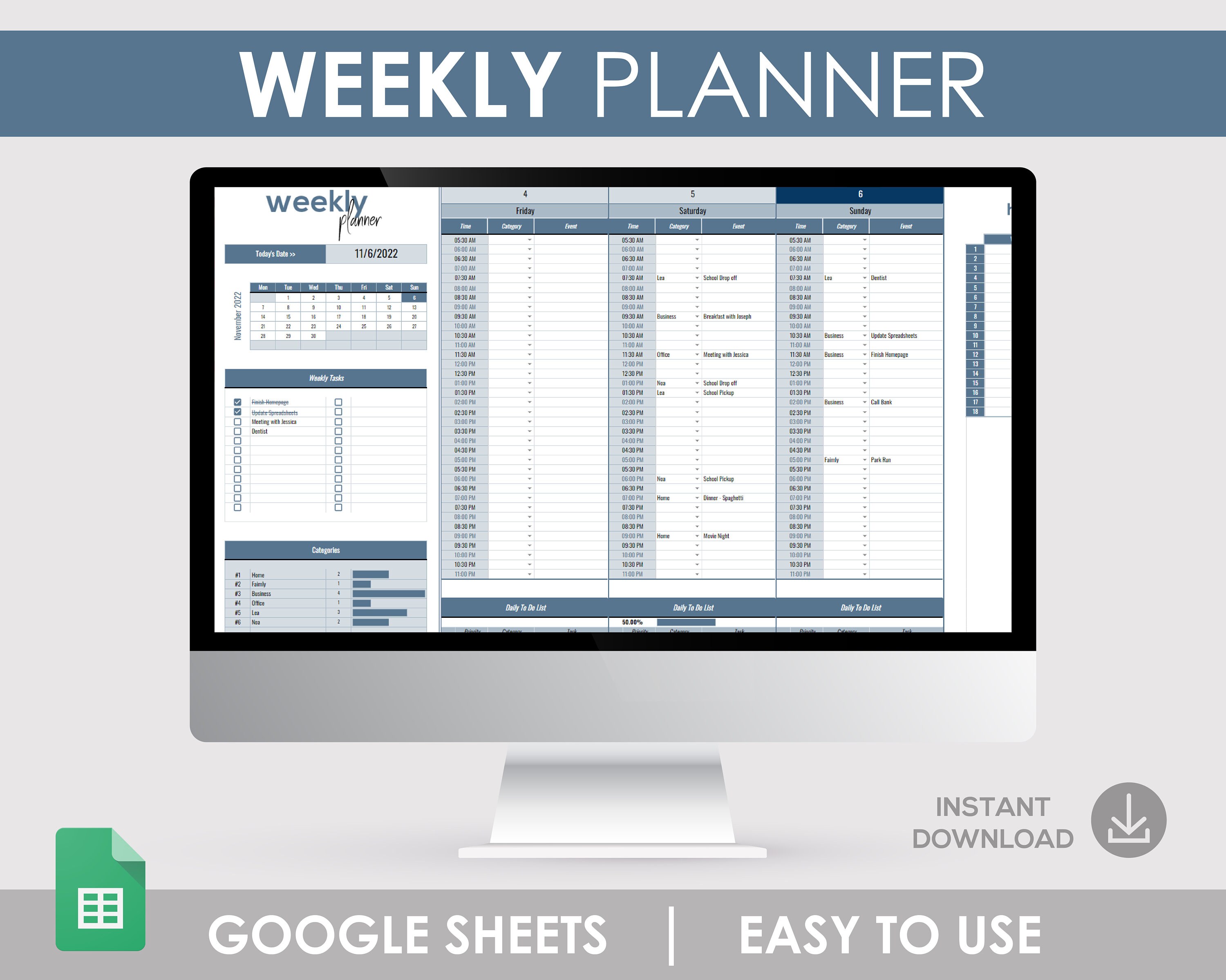 Weekly Planner, Google Sheets Template (digital Download) - Etsy