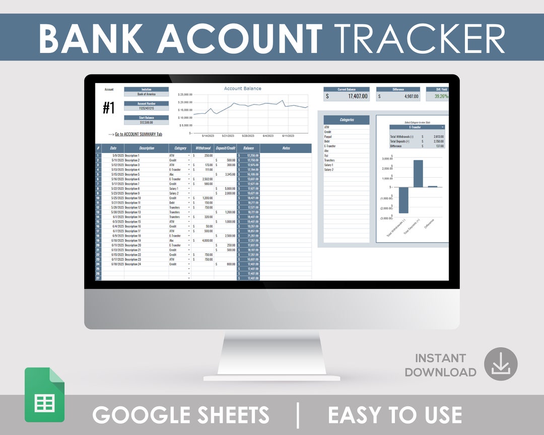 Bank Account Tracker: Google Sheet Finance Organizer | Expense ...