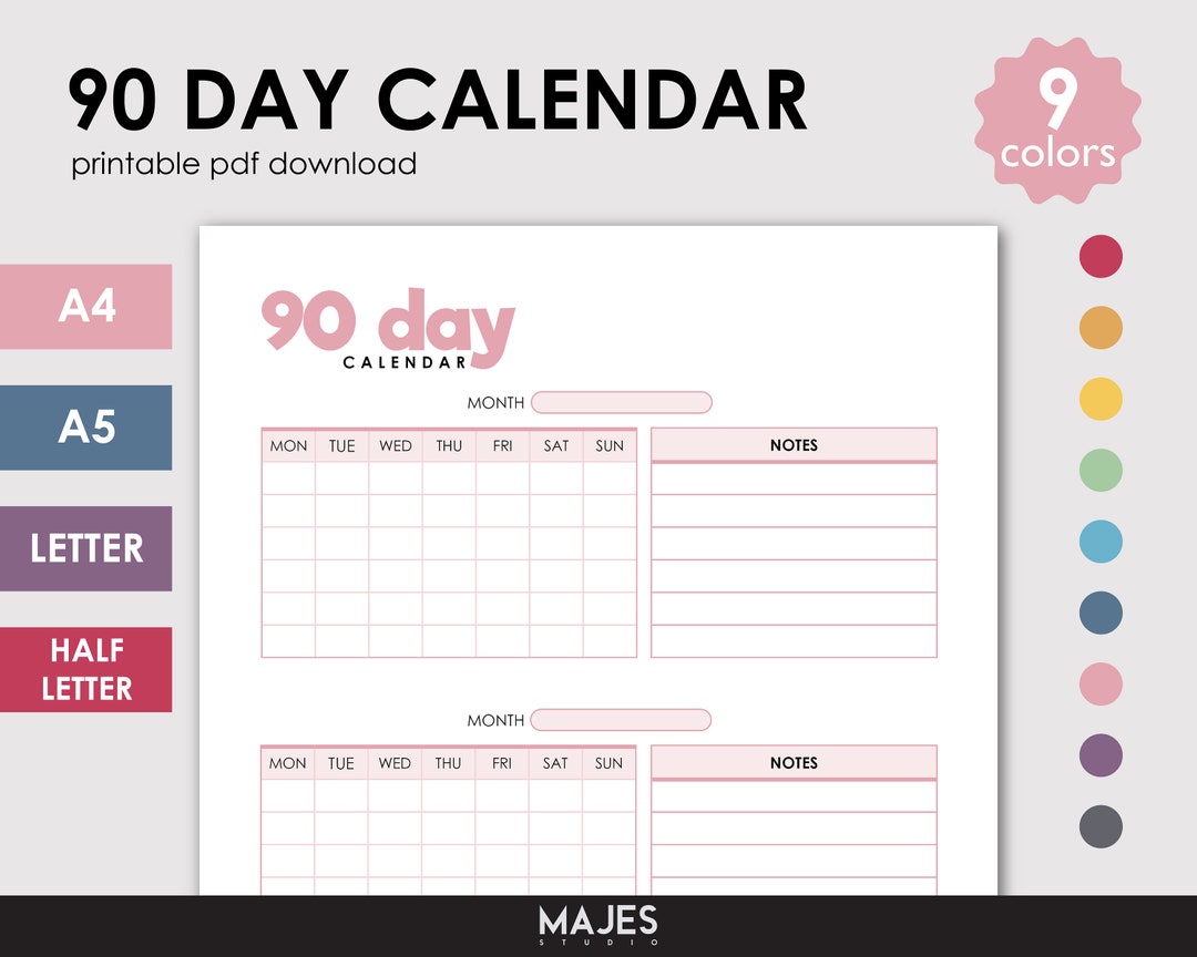 90 Day Calendar, 3-month Planner, Printable Review Plan (digital ...