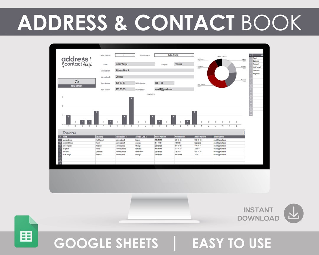 Address and Contact Book Google Sheet Template (digital) - Etsy
