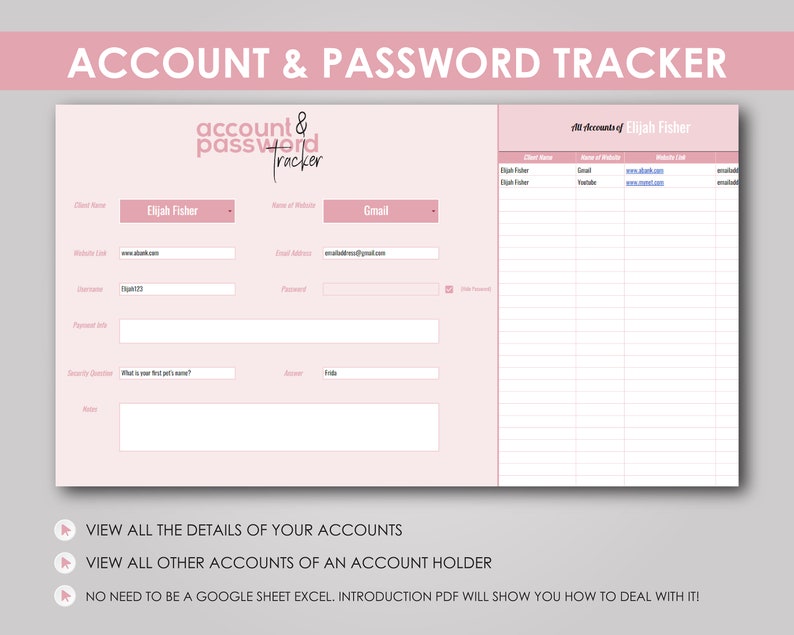 Password Tracker Digital Spreadsheet Login İnfo Detail - Etsy