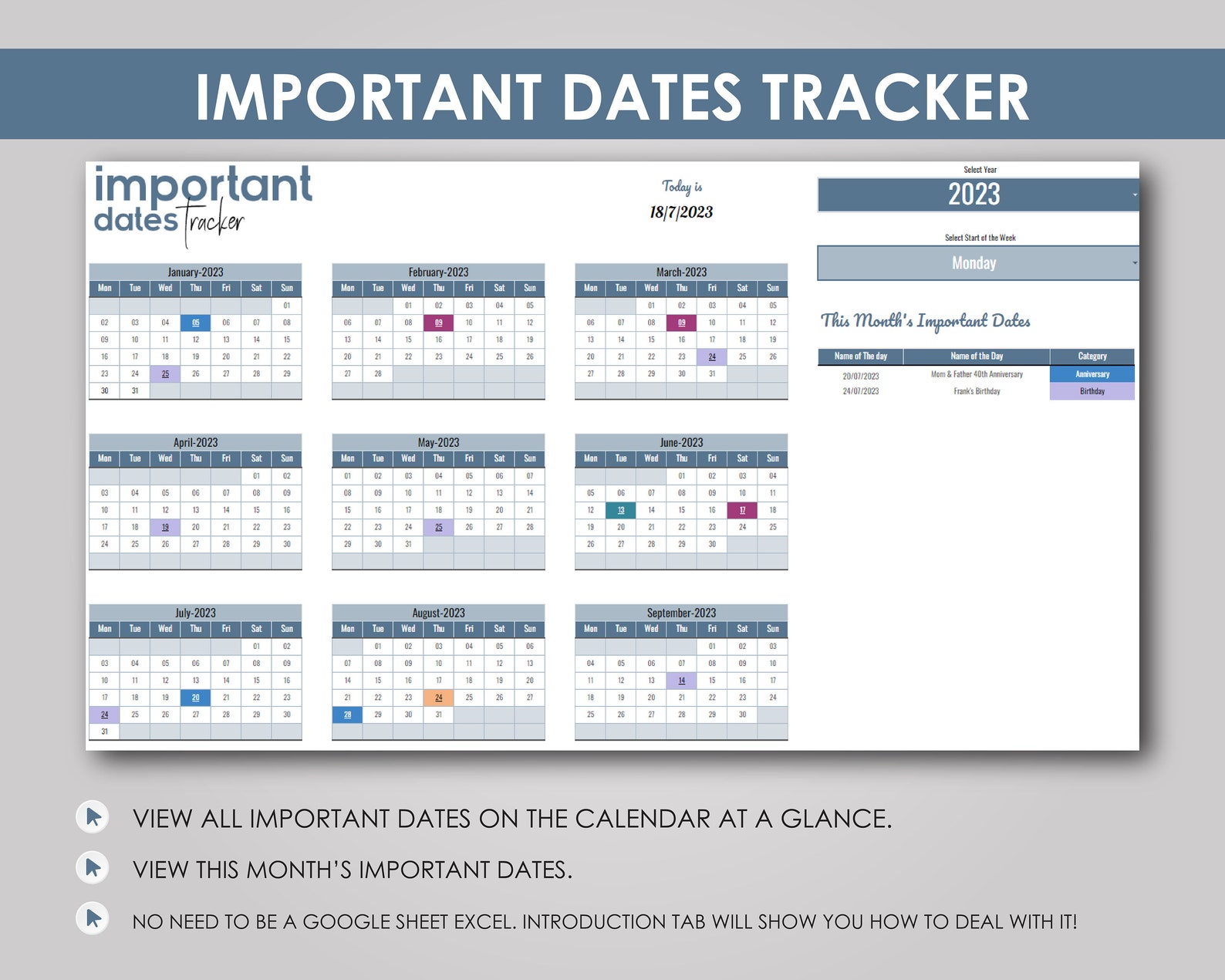 Important Dates Date Tracker Google Sheet Event Planner - Etsy