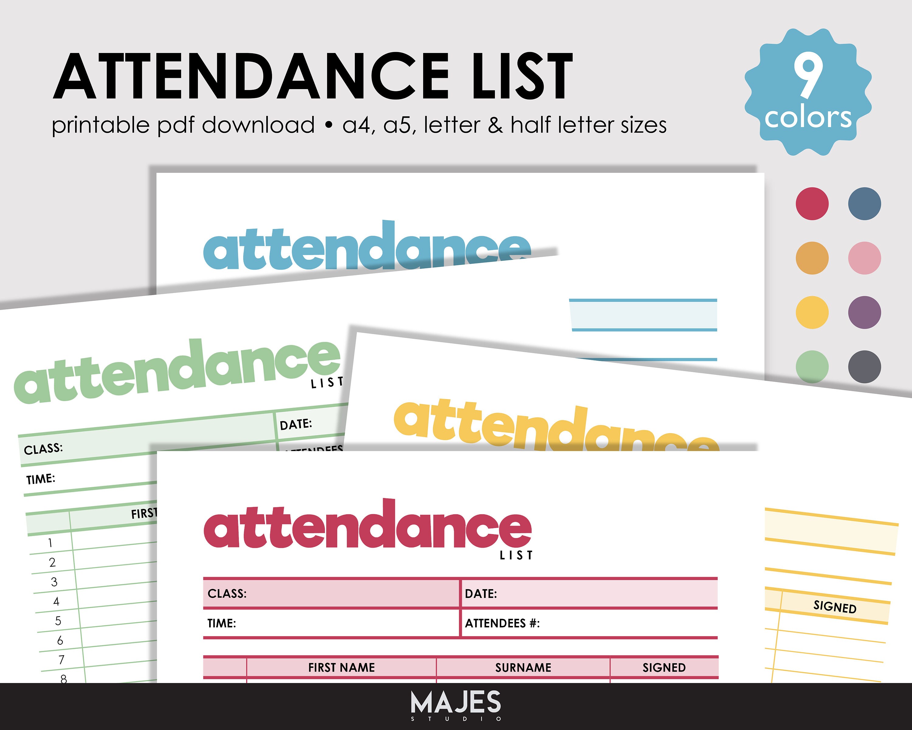 Printable Attendance Tracker, Homeschool & School, 9 Colors (digital ...