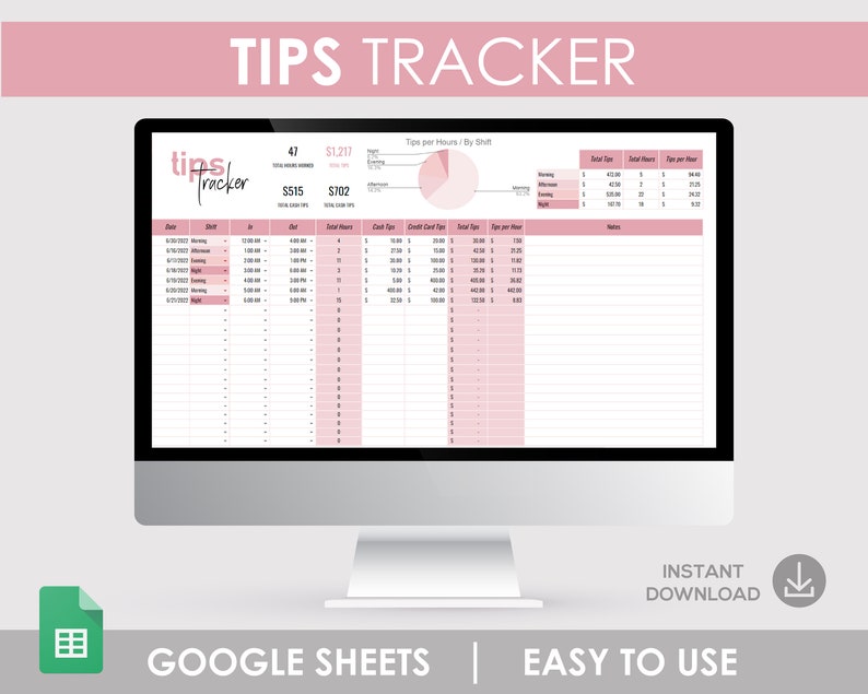 Tip Tracker Server Tips Income Tracker Tipped Employee Google Sheets, Waiter Tips, Waiter Tip ...