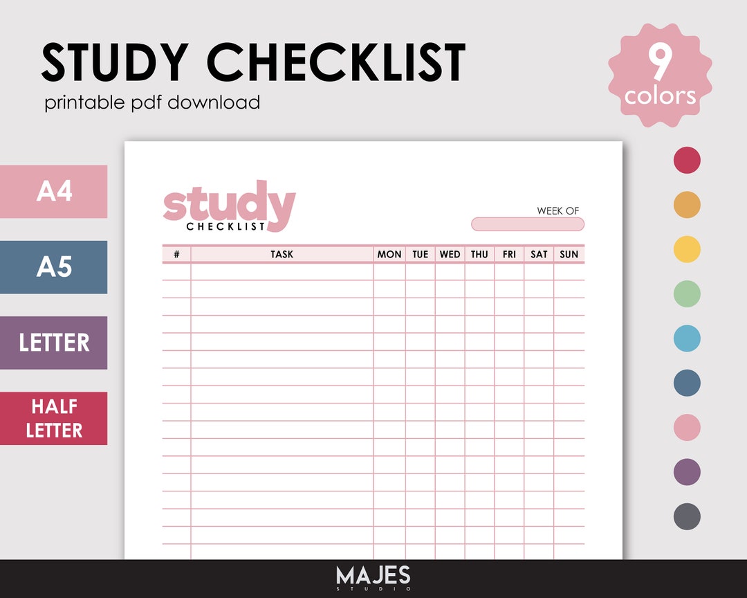 Study Checklist, Study Planner, Study Tracker, Study Schedule, Daily ...