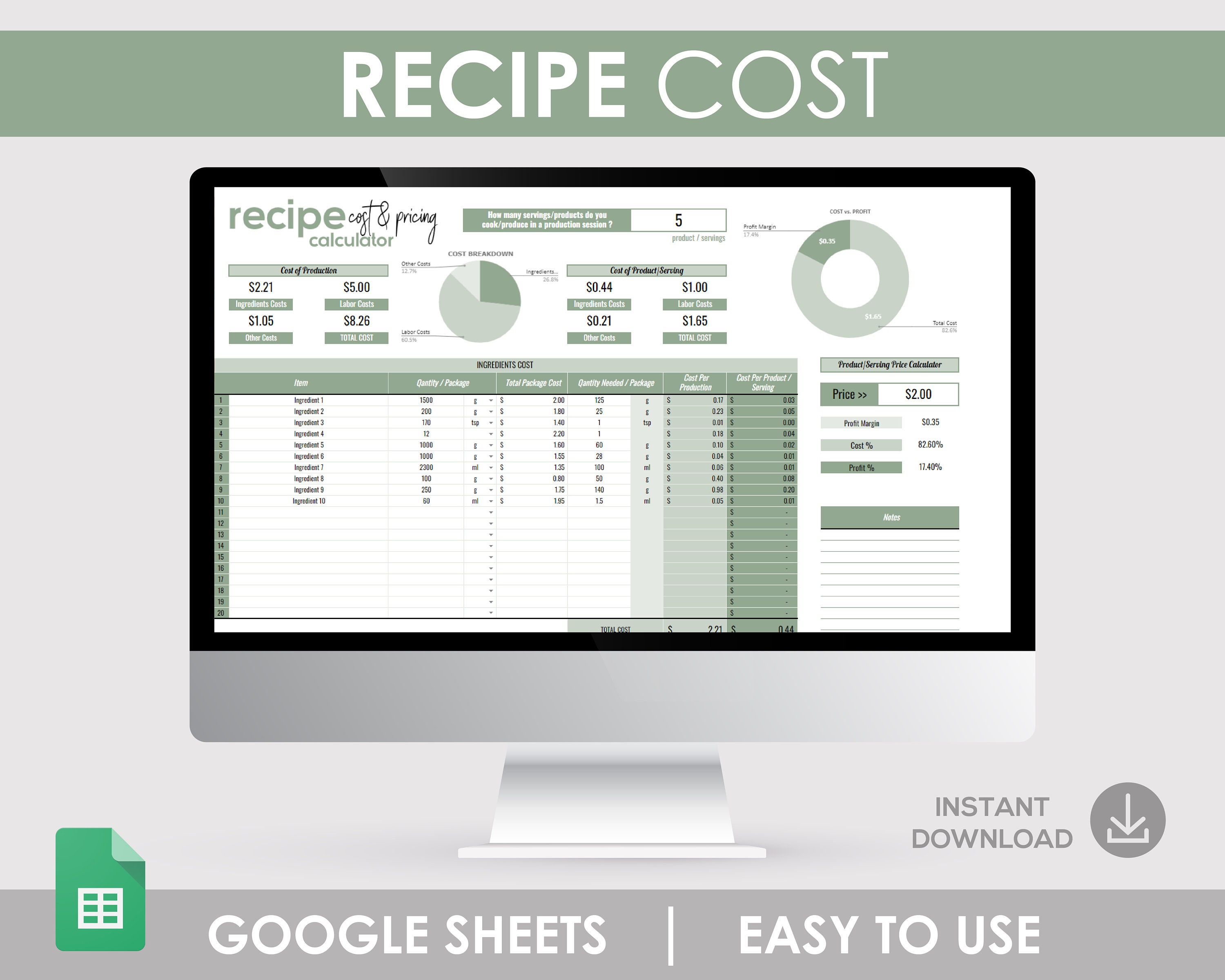 Recipe Cost Calculator: Google Sheet Recipe Tool Food Expense Tracker ...