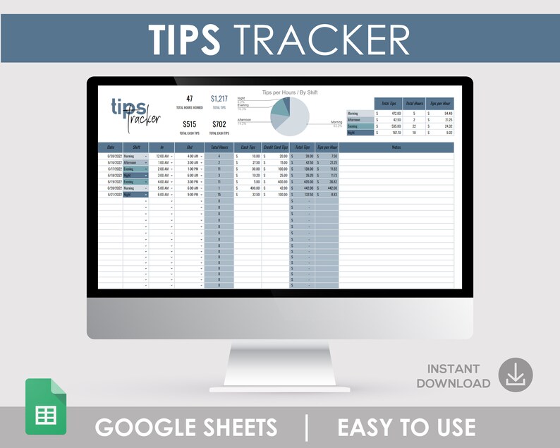 Tips Record, Staff Hours Tracker, Server Hours Tracker, Service Tips ...