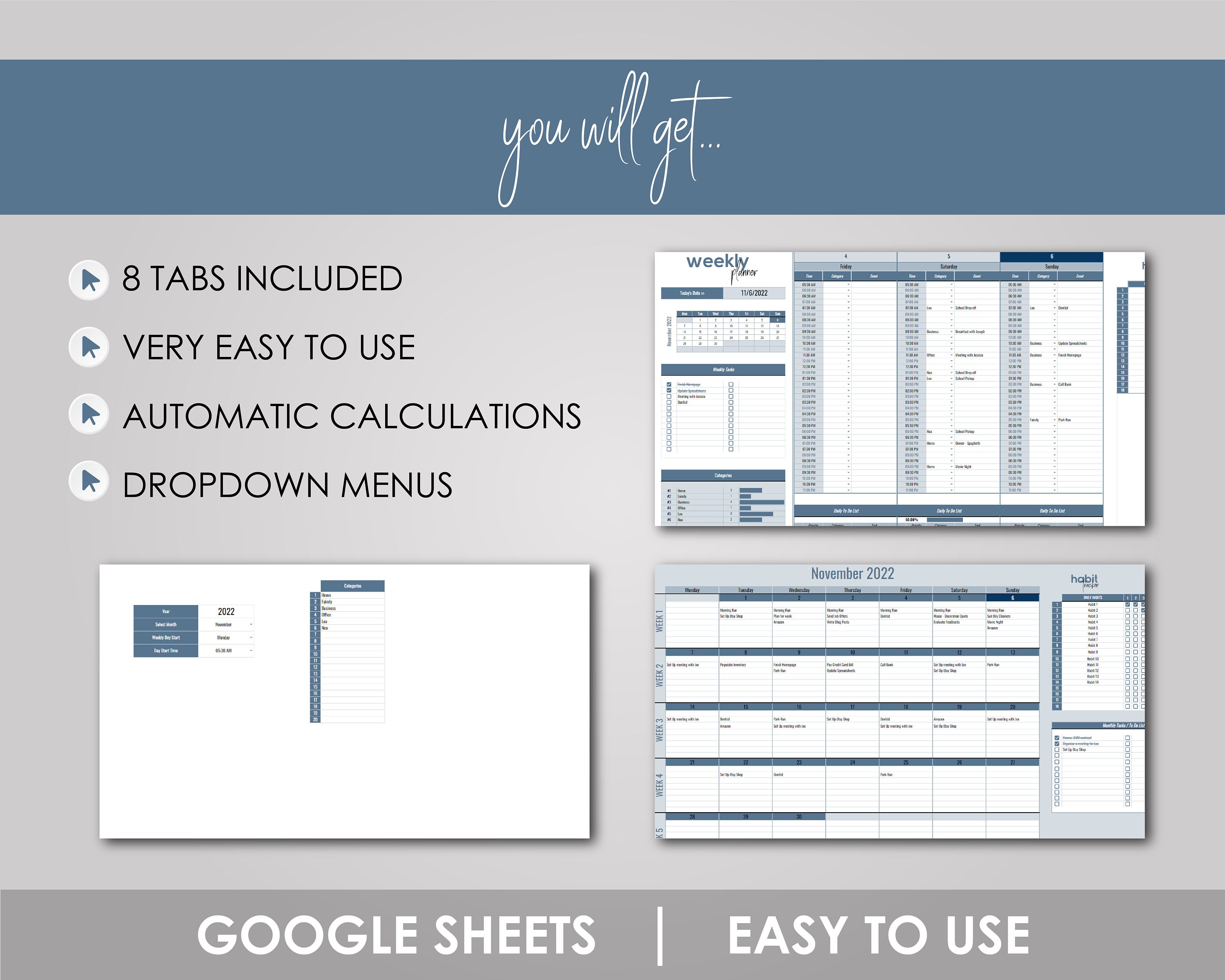 Weekly Planner, Digital Planner, Google Sheets, Monthly Planner, Daily ...