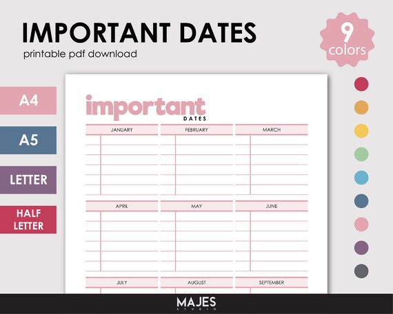 Important Dates Business Planner Organize Template Date - Etsy