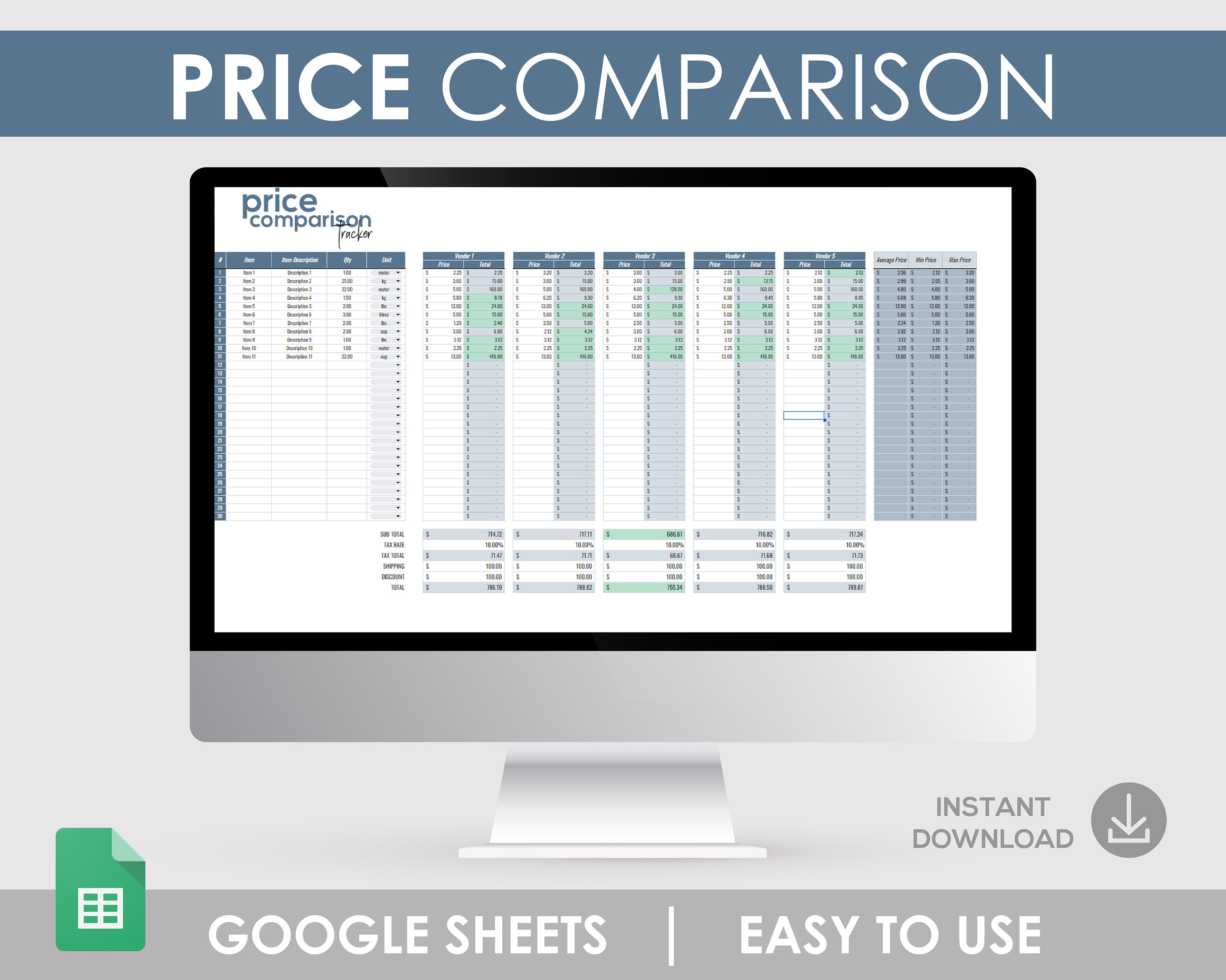 Price Comparison, Vendor Comparison, Google Sheets, Spreadsheet ...
