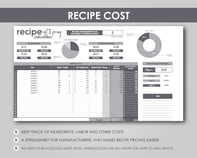 Recipe Cost Calculator: Kitchen Spreadsheet in Google Sheets (digital ...