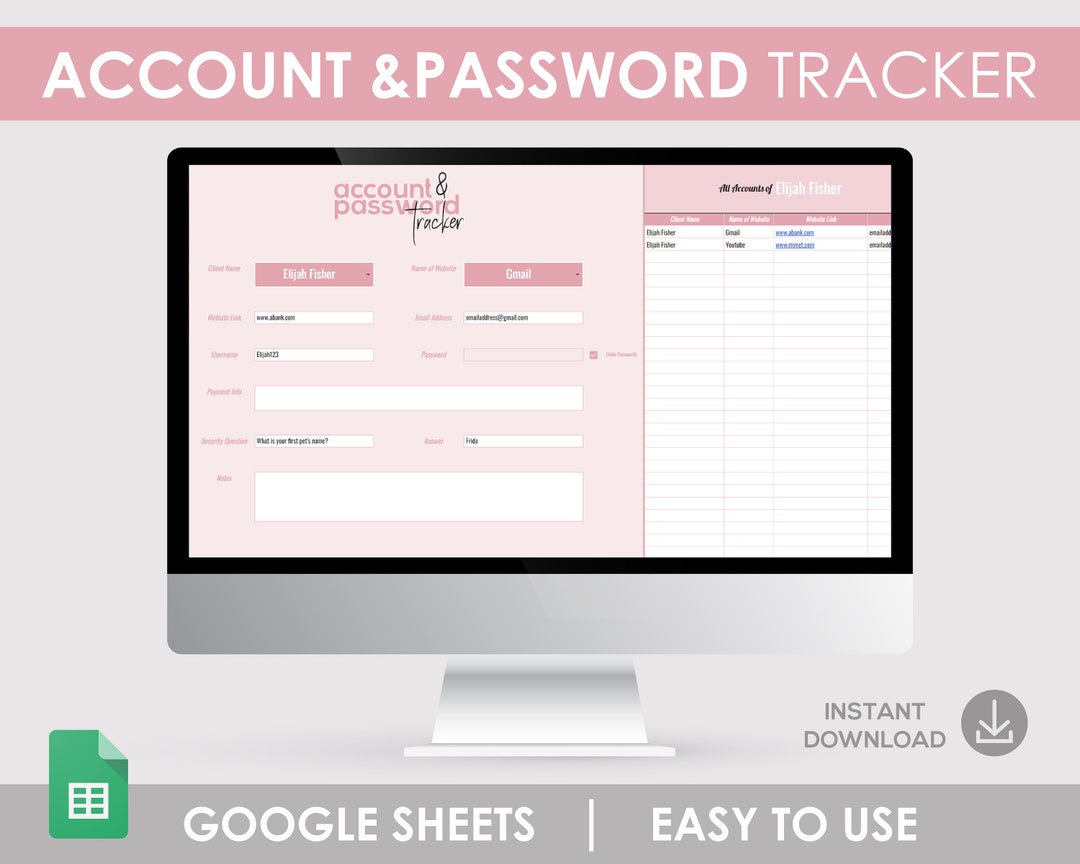 Password Tracker, Digital Spreadsheet, Login İnfo Detail, Passcode List ...