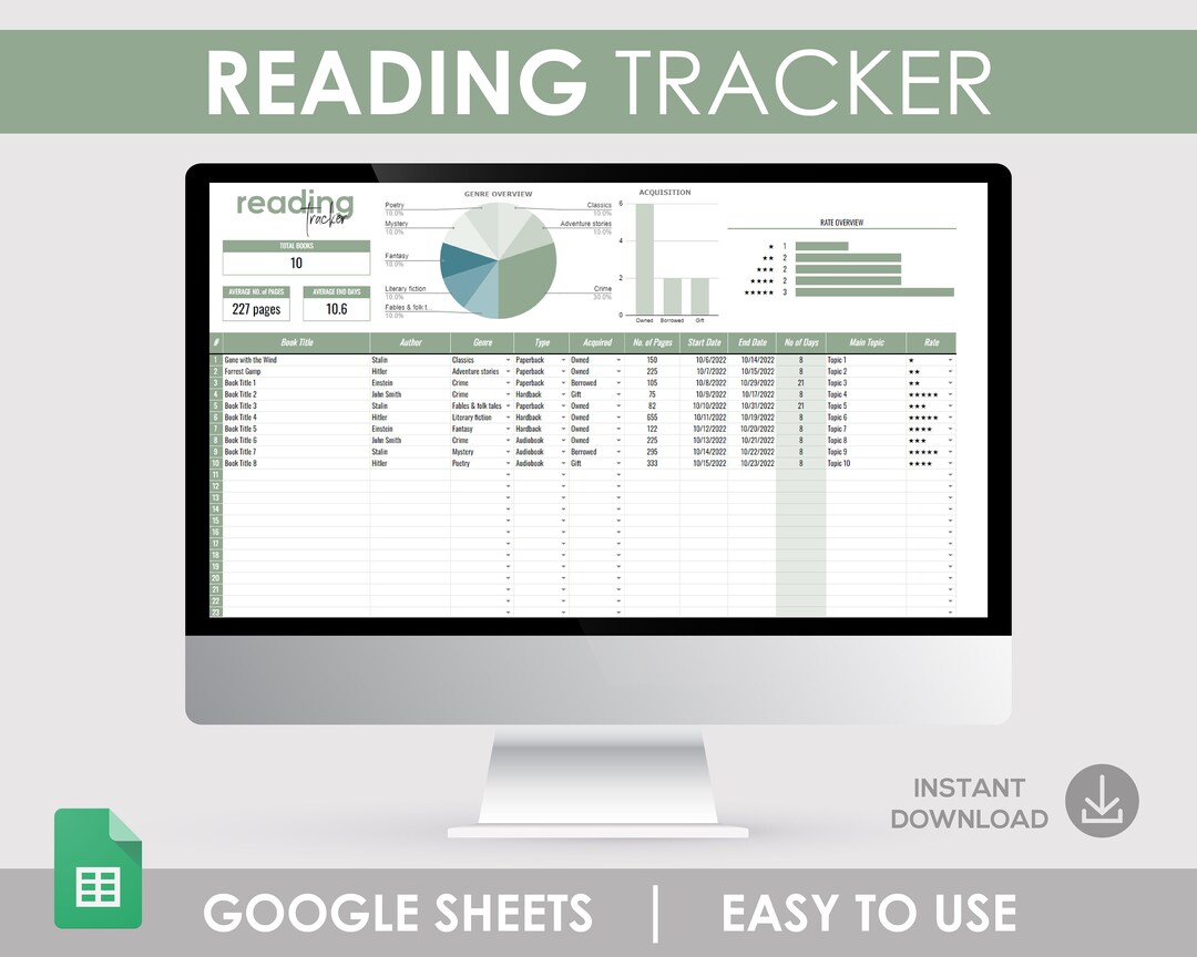 Reading Log Template: Digital Book Tracker | Google Sheet Planner ...