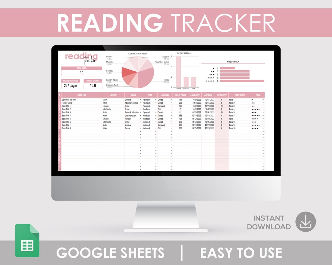 Reading Log, Book Log, Reading Tracker, Book Spreadsheet, Google Sheets ...