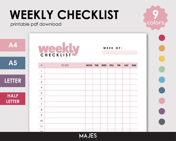 Weekly Checklist Printable Pdf Goal Tracker Daily Habit - Etsy