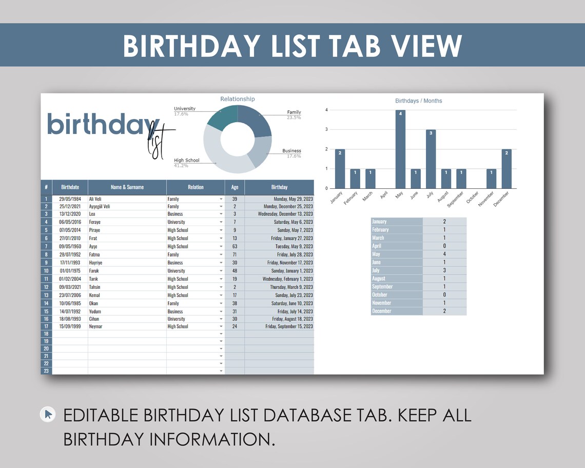 Birthday Reminders Google Sheet Tracker Event Calendar - Etsy