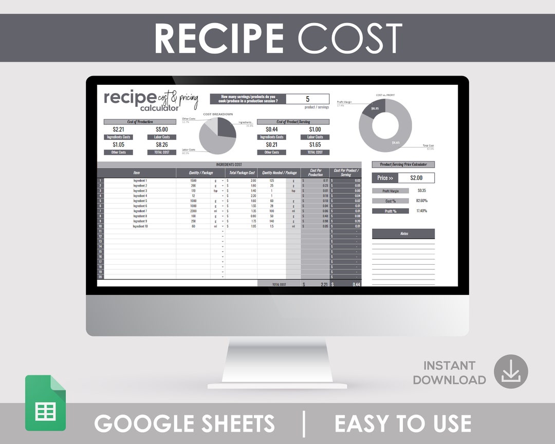 Recipe Calculator: Meal Cost Tracker in Google Sheets | Kitchen ...