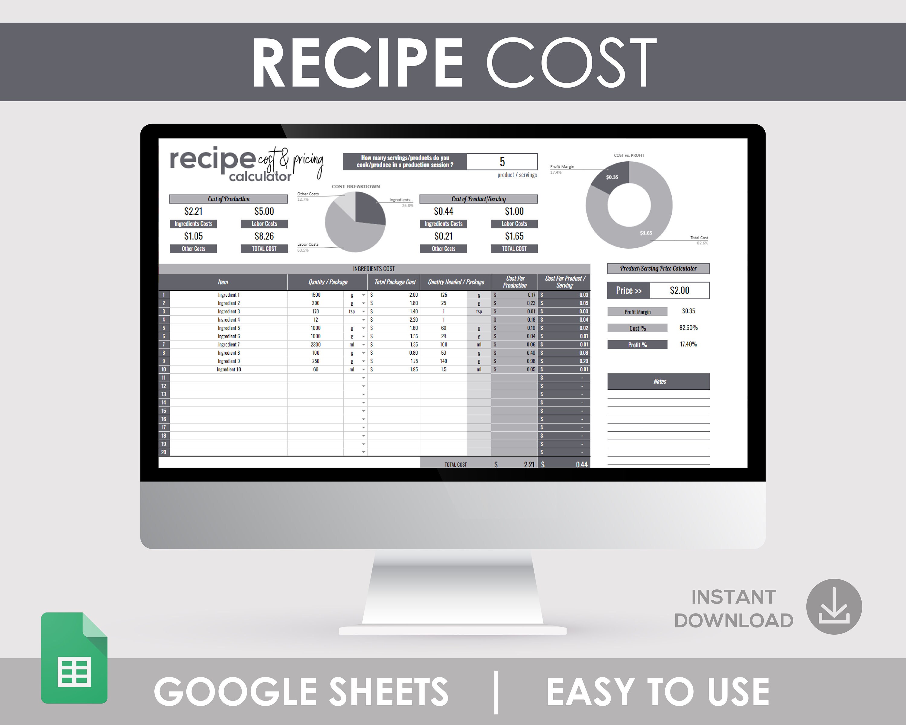Recipe Calculator: Meal Cost Tracker in Google Sheets Kitchen ...