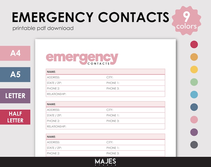 Emergency Contact Info Sheet: Contact Information for Nanny, Babysitter ...