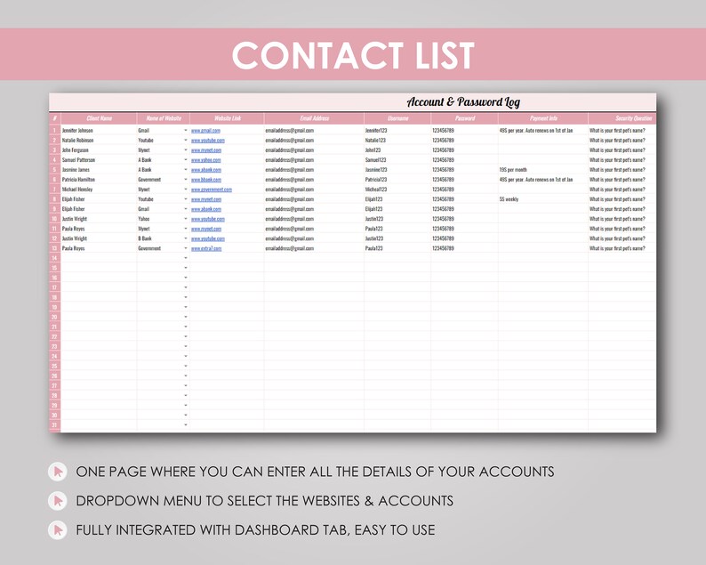 Password Tracker Digital Spreadsheet Login İnfo Detail - Etsy