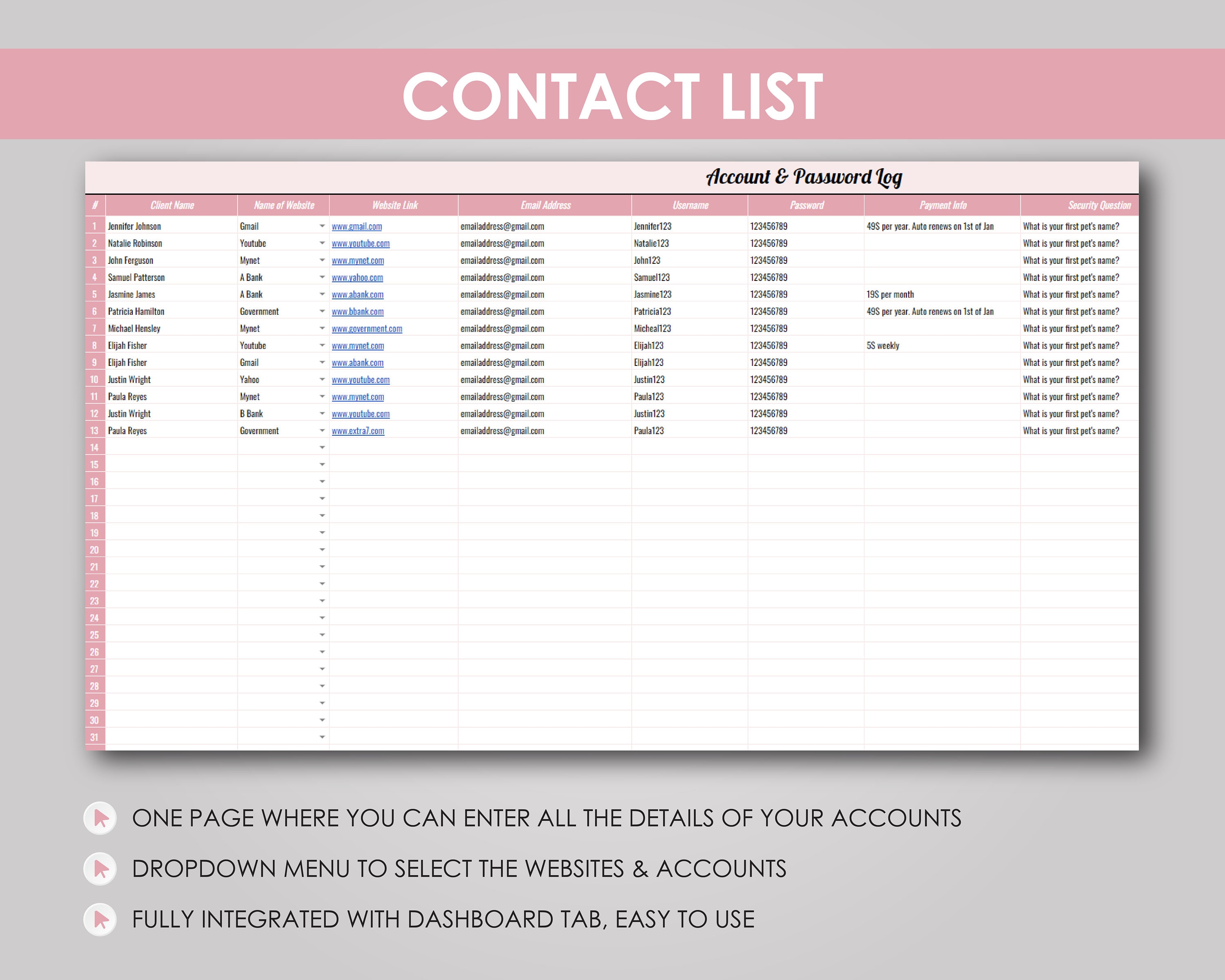 Password Tracker, Digital Spreadsheet, Login İnfo Detail, Passcode List ...