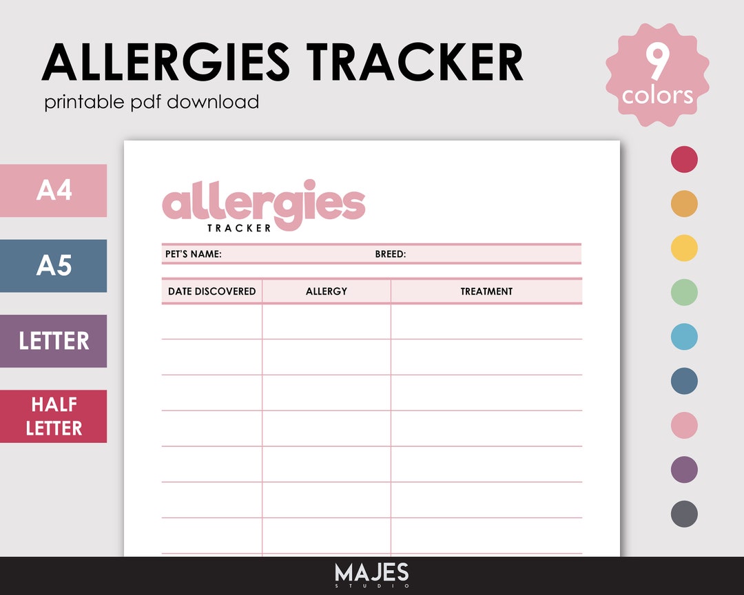 Pet Allergy Log, Cat Allergy Tracker, Dog Allergy List, Medical ...