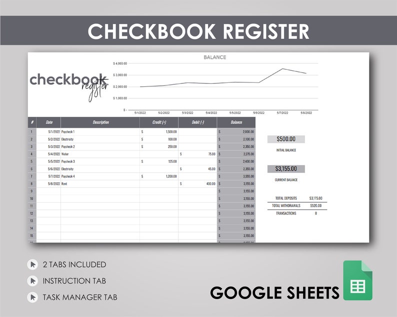 Checkbook Register Google Sheets: Personal Finance Tracker - Etsy