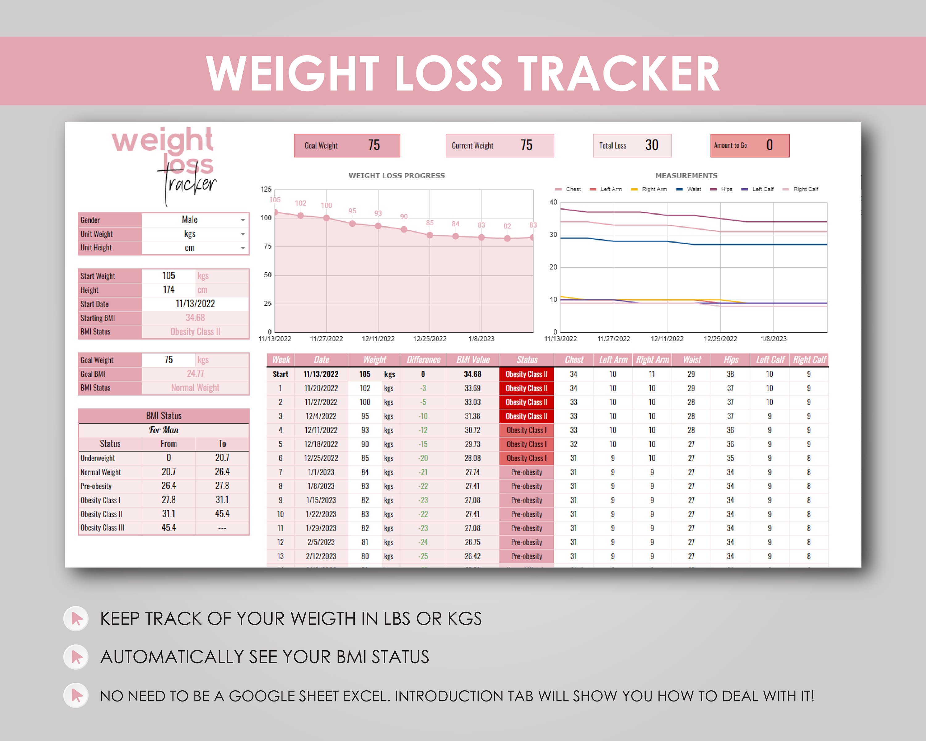 Weight Loss Tracker, Weight Loss Progress, Body Measurements, Microsoft ...