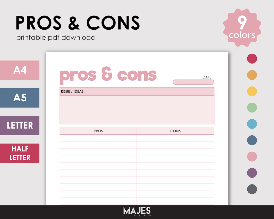 Pros and Cons Sheet, Pros and Cons Pdf, Printable Pros List, Printable ... Pros and Cons Sheet, Pros and Cons Pdf, Printable Pros List, Printable ...