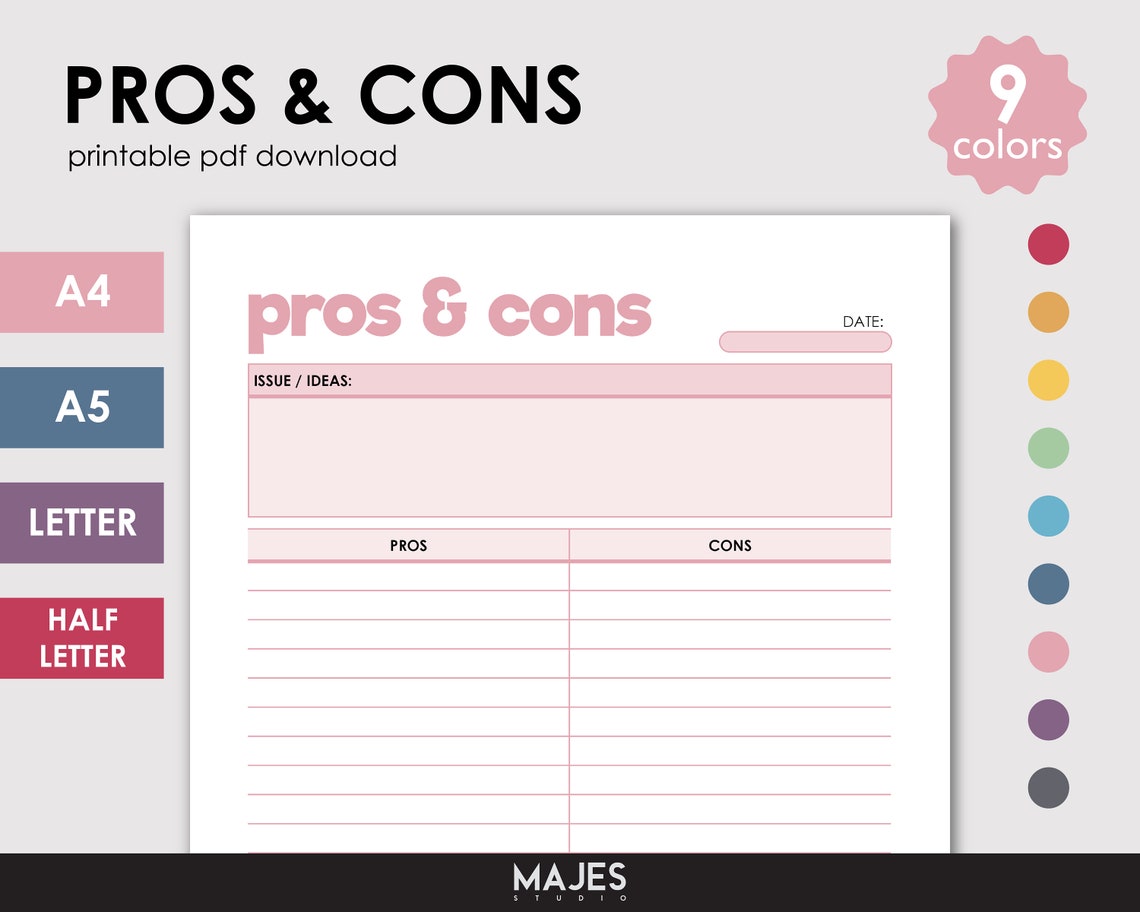 Pros and Cons Sheet Pros and Cons Pdf Printable Pros List - Etsy