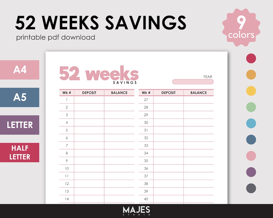 52 Week Savings Challenge Printable, Colorful Tracker (digital Download ...