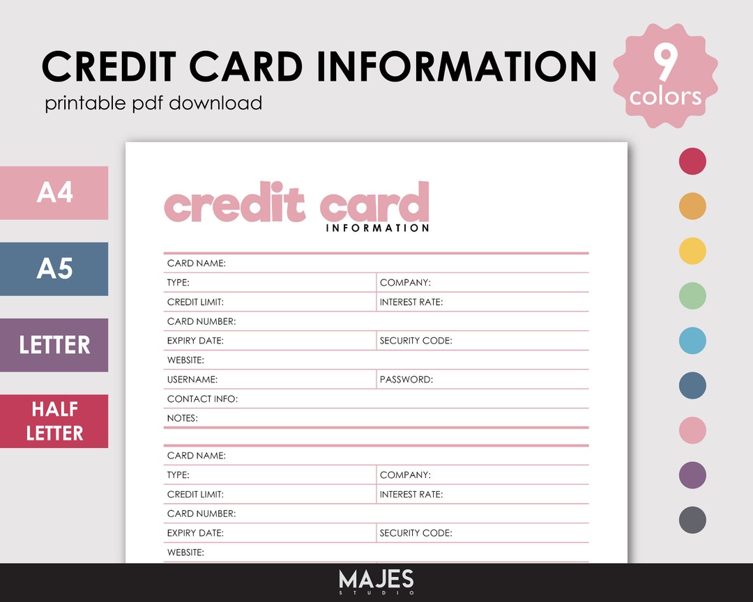 Credit Card Info, Credit Card Journal, Overview at A Glance, Credit ...