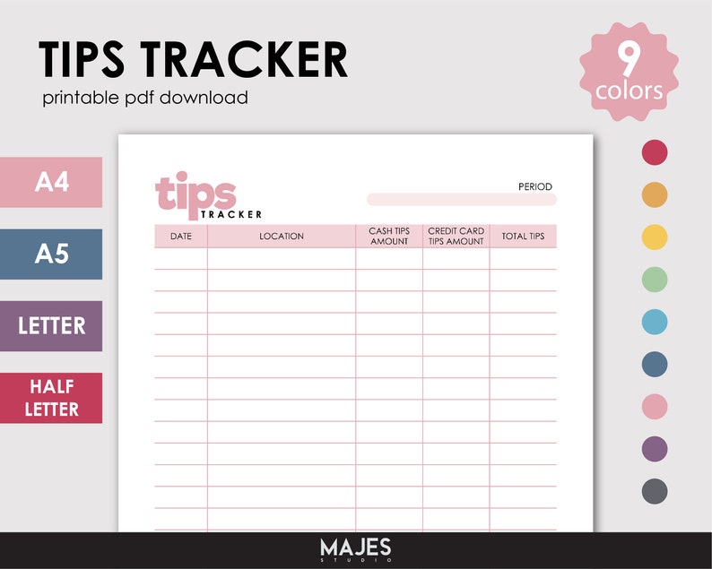 Tips Tracker Gratuity Log Waitress Server Tax Forms - Etsy UK