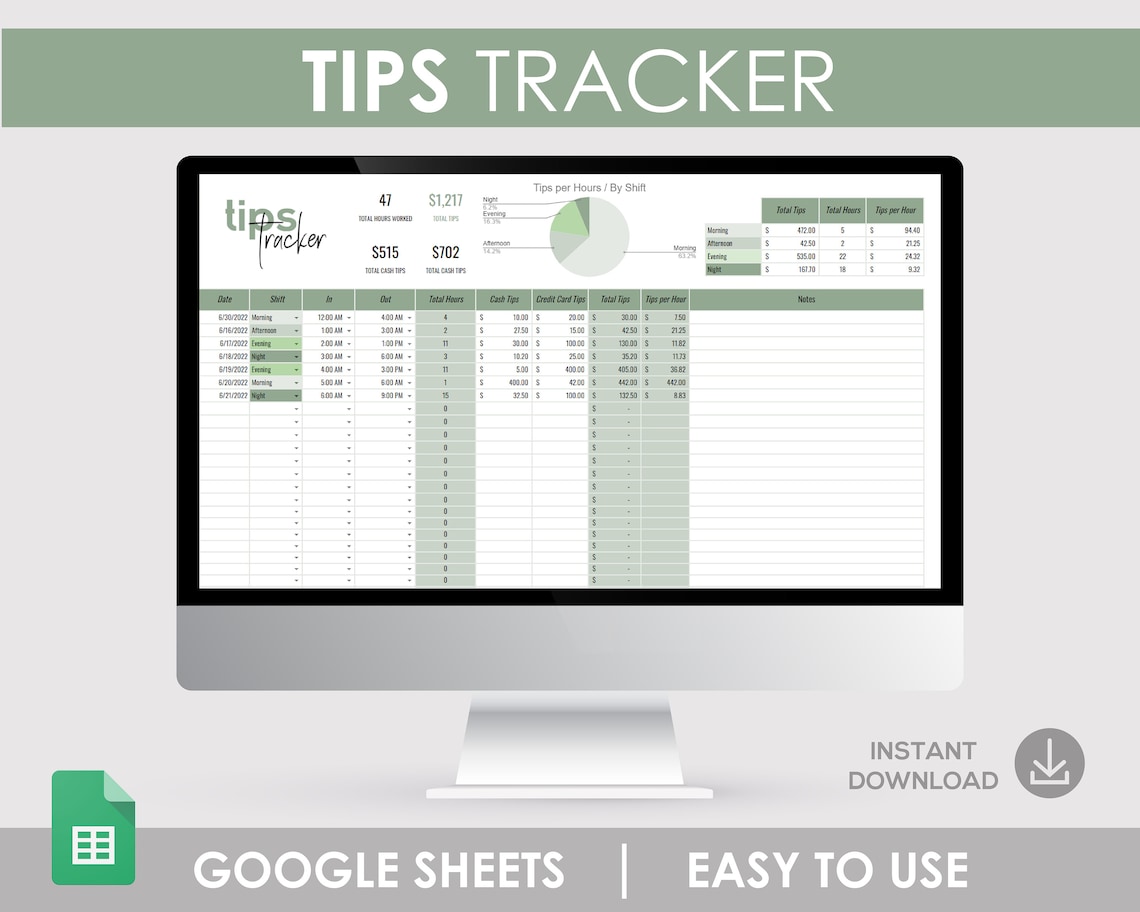 Tips Tracker Sheet Waitress Tips Server Tips Restaurant - Etsy