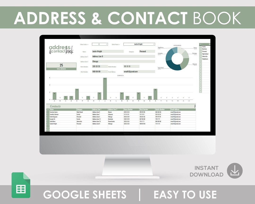 Address Book, Digital Download, Contact List, Printable Planner ...