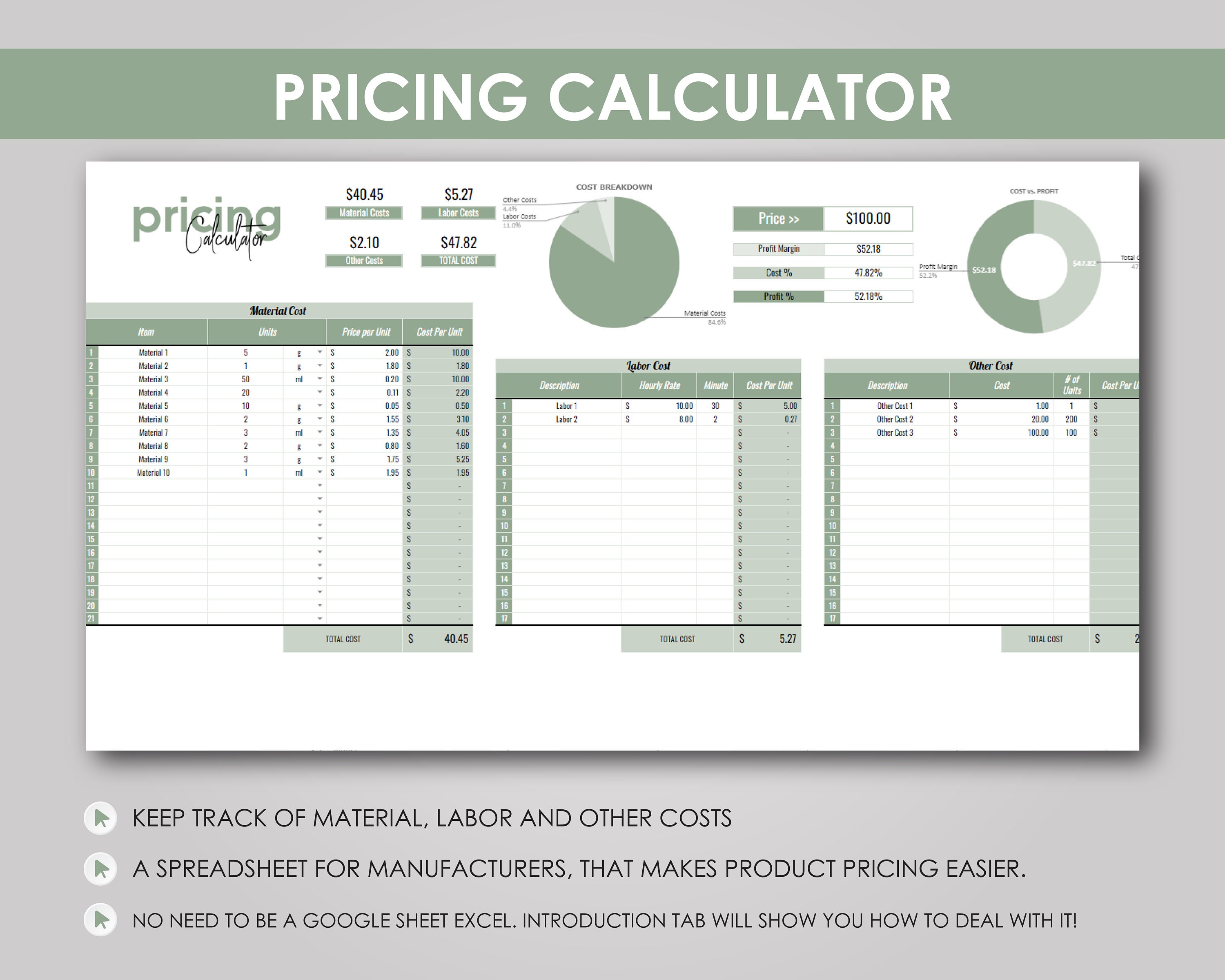 Product Pricing, Pricing Worksheet, Profit Calculator, Google Sheets ...